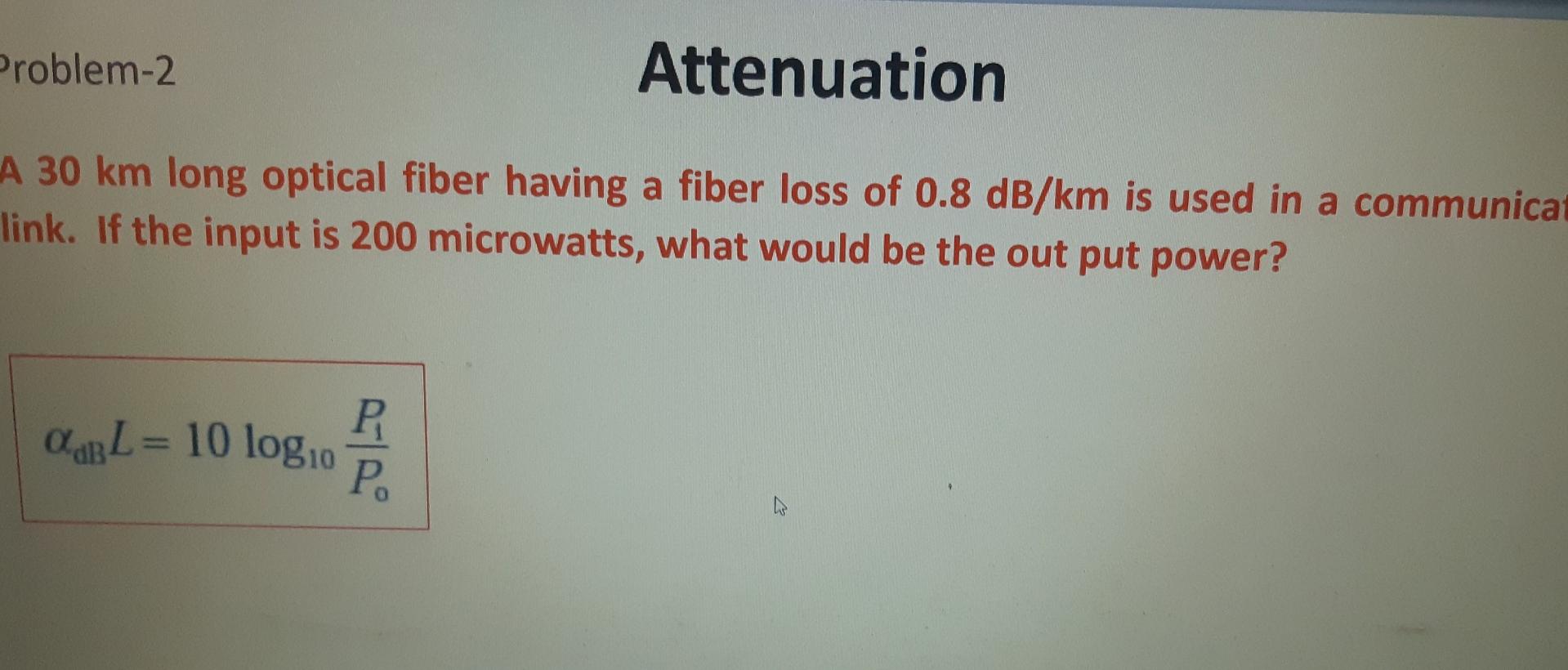 Solved Problem-2 Attenuation A 30 km long optical fiber | Chegg.com