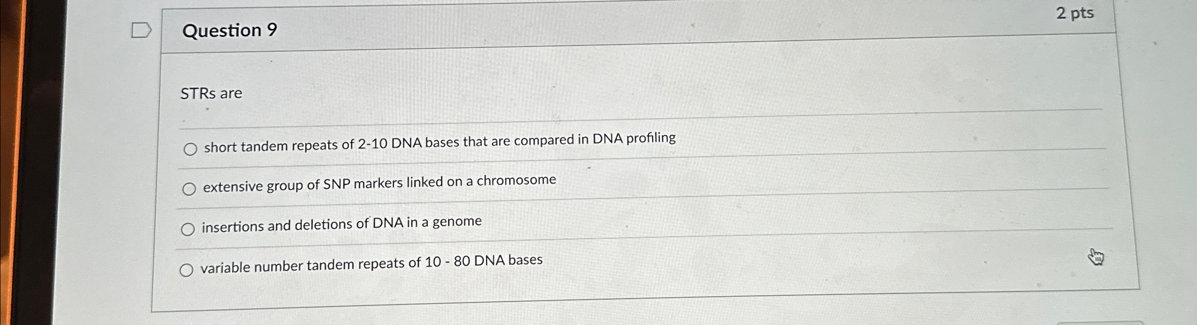 Solved Question 92 ﻿ptsSTRs areshort tandem repeats of 2-10 | Chegg.com