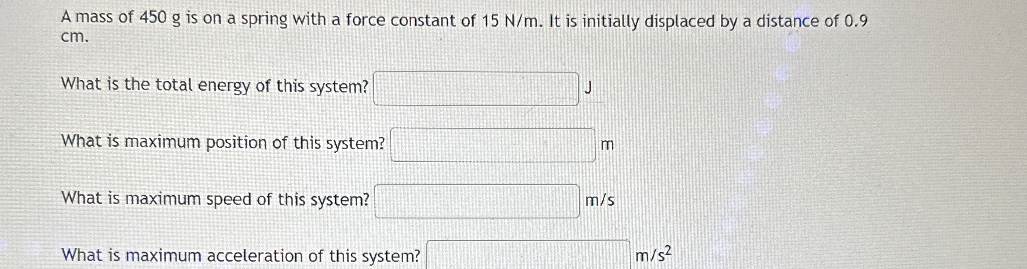 Solved A mass of 450g ﻿is on a spring with a force constant | Chegg.com