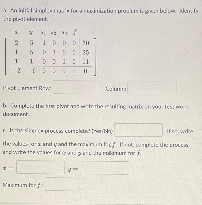 Solved a. An initial simplex matrix for a maximization | Chegg.com