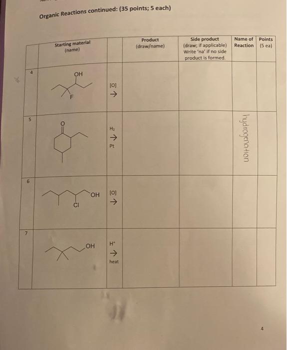 Solved Organic Reactions continued: (35 points; 5 each) | Chegg.com