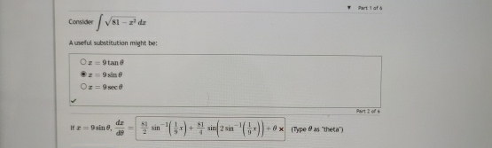 Solved Part 1 ﻿af sConsider ∫﻿﻿81-x22dxA useful substitution | Chegg.com