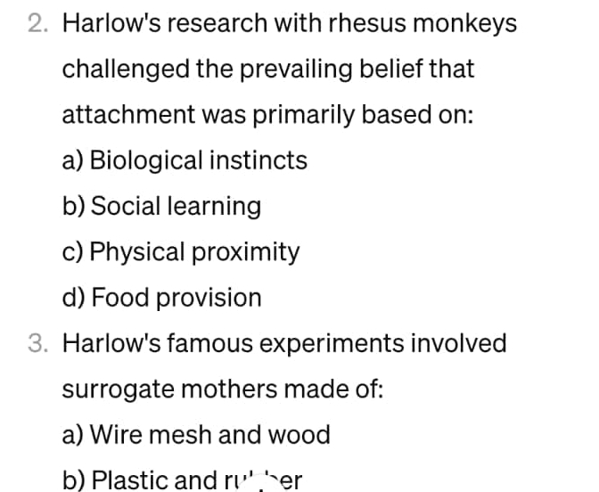 Solved Harlow's research with rhesus monkeys challenged the | Chegg.com