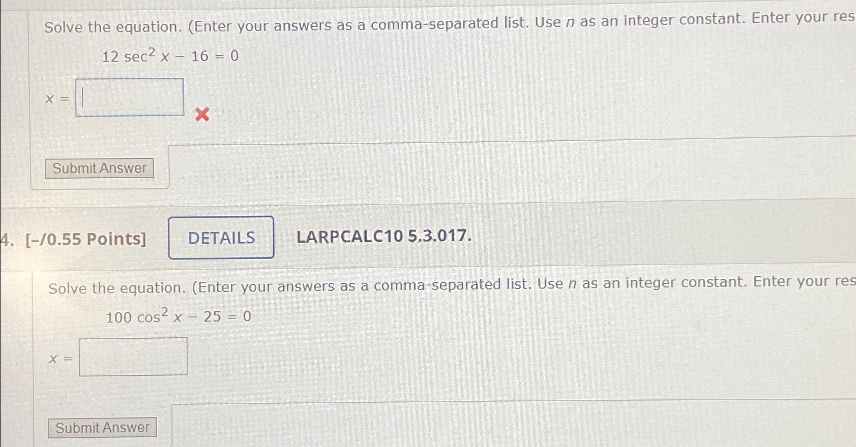 Solved Solve the equation. (Enter your answers as a | Chegg.com