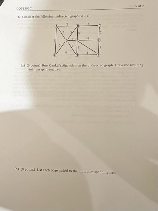 Solved 6. Consider the following undirected graph G(V,E). | Chegg.com Solved 6. Consider the following undirected graph G(V,E). | Chegg.com