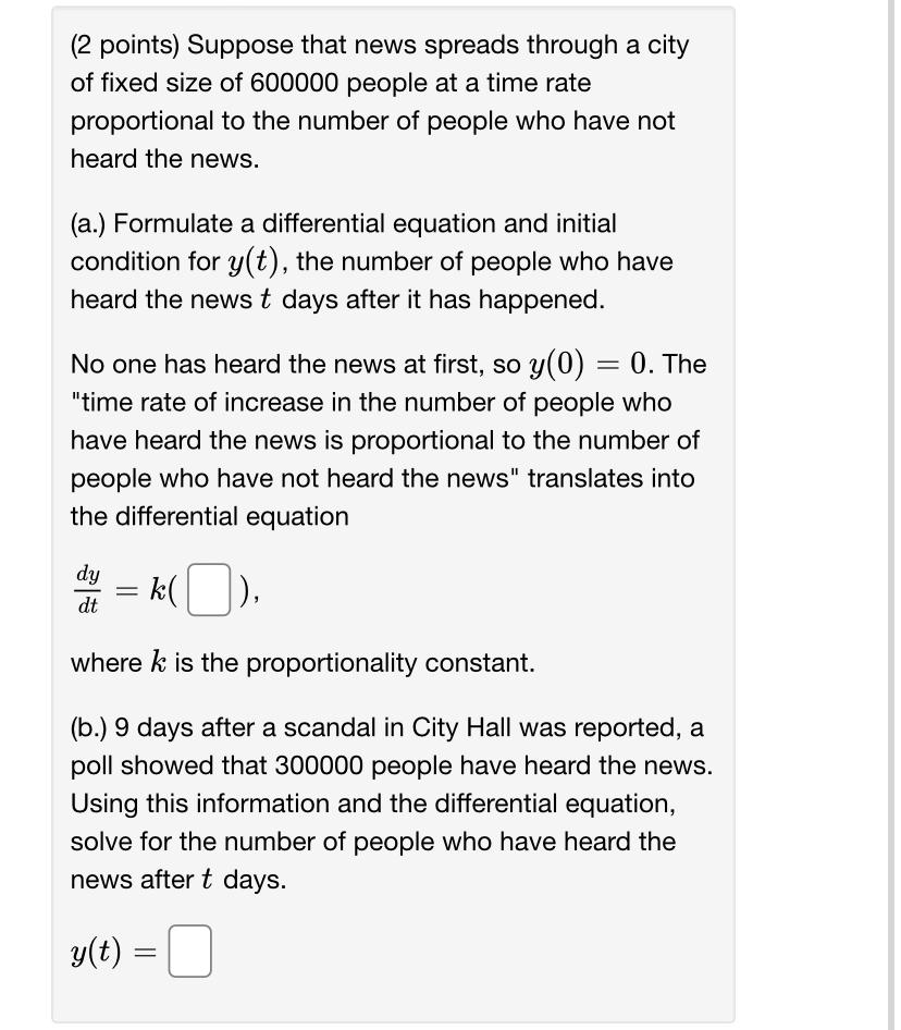 Solved (2 ﻿points) ﻿Suppose that news spreads through a city | Chegg.com