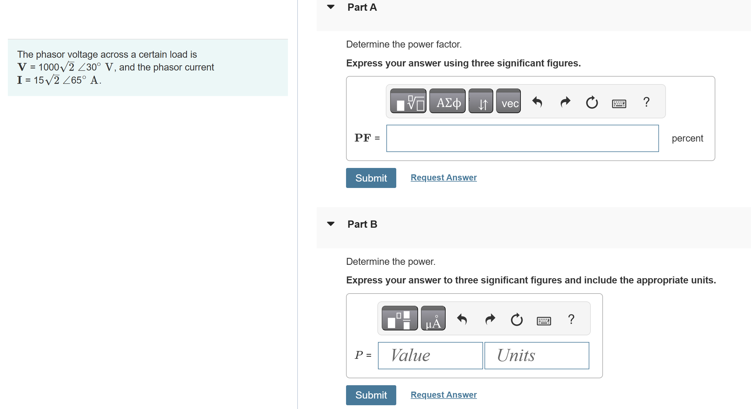 Solved Part AThe phasor voltage across a certain load | Chegg.com