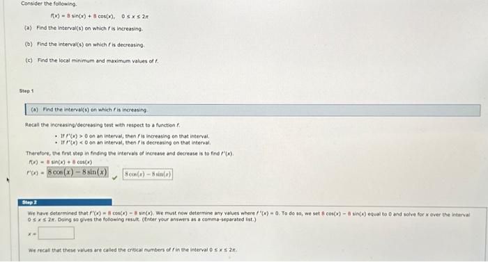 Solved Consider the following. f(x)=8sin(x)+8cos(x),0≤x≤2π | Chegg.com