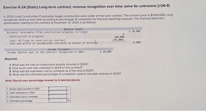 Solved Exercise 6-24 (Static) Long-term contract; revenue | Chegg.com