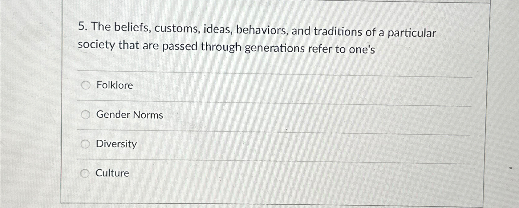 Solved The beliefs, customs, ideas, behaviors, and | Chegg.com
