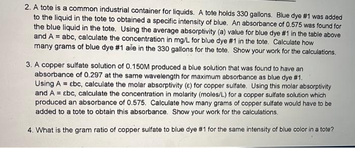 Table \#2 - Concentration of Blue Dye \#1 in STD \#2 | Chegg.com