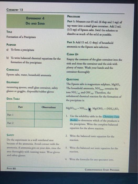 Solved CHEMISTRY 12 EXPERIMENT 4 DO AND SEND PROCEDURE Part | Chegg.com