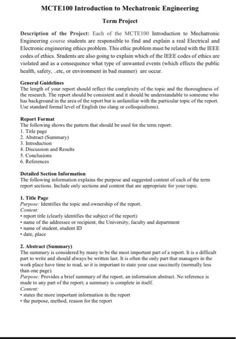 Solved MCTE100 Introduction to Mechatronic Engineering Term | Chegg.com