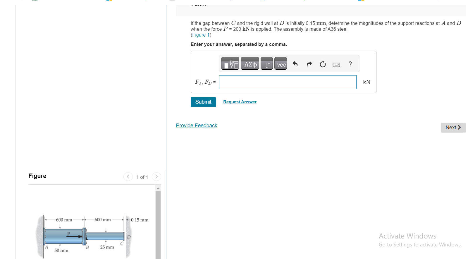 Solved If the gap between C ﻿and the rigid wall at D ﻿is | Chegg.com