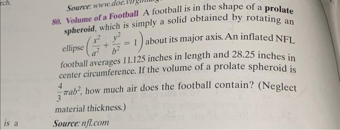 Solved 80. Volume of a Football A football is in the shape | Chegg.com