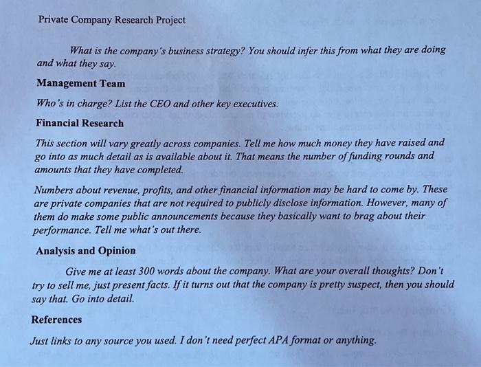 Solved Private Company Research Project Introduction (this | Chegg.com
