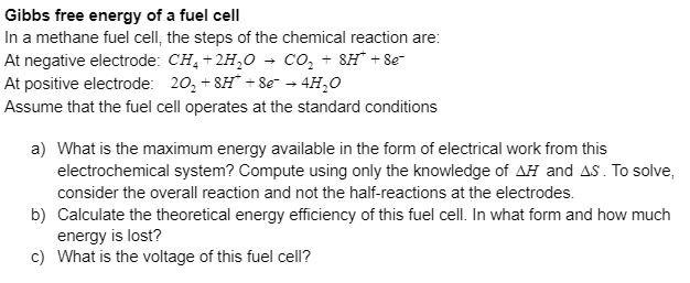Solved Gibbs free energy of a fuel cell In a methane fuel | Chegg.com