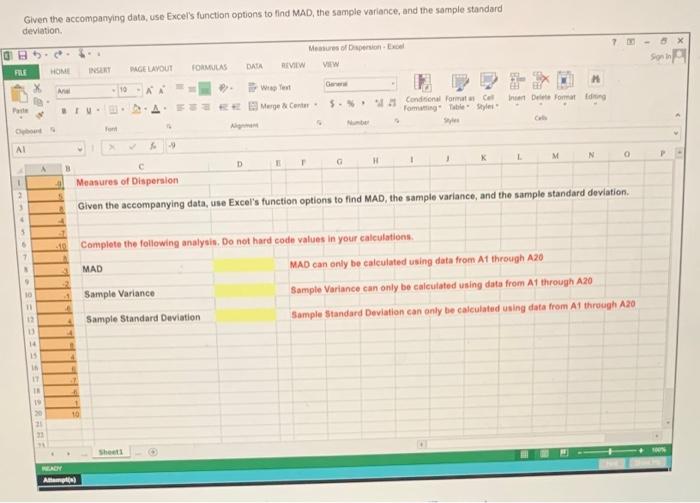 Solved Given the accompanying data, use Excel's function | Chegg.com