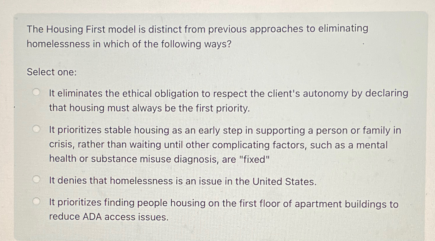 Solved The Housing First model is distinct from previous | Chegg.com