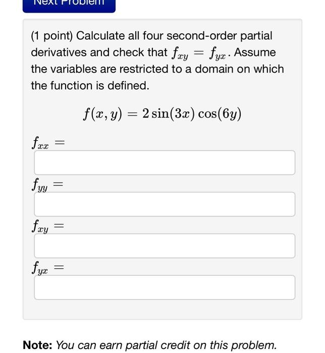 Solved (1 point) Calculate all four second-order partial | Chegg.com