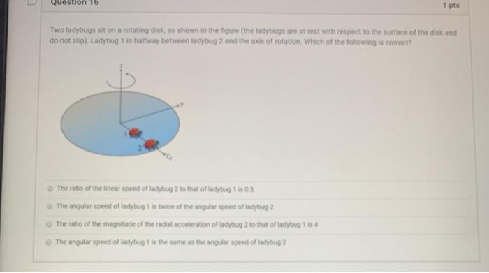 Solved Question 16 1 pts Two ladybugs sit on a rotating dick | Chegg.com