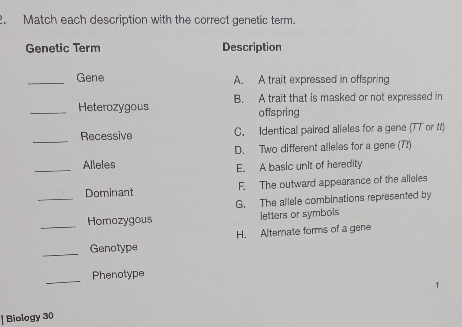 Solved Match each description with the correct genetic term. | Chegg.com