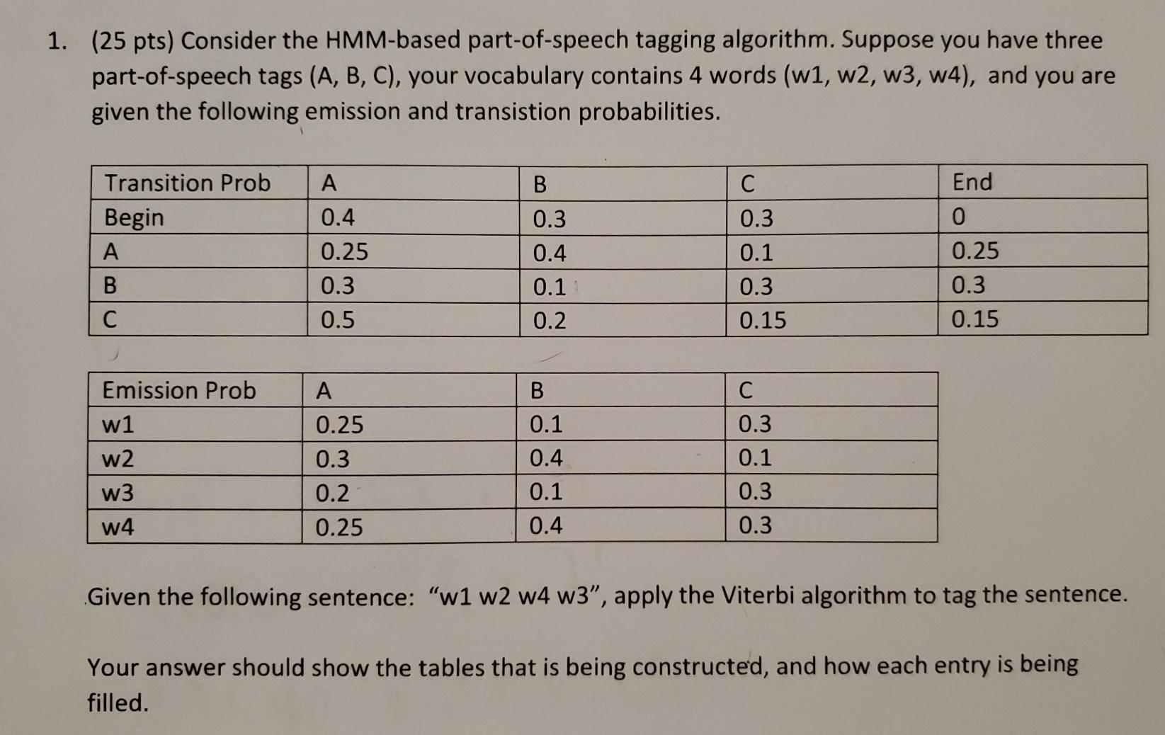 1. (25 pts) Consider the HMM-based part-of-speech | Chegg.com