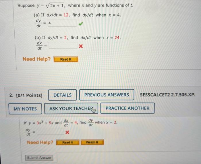 Solved Suppose y = 2x + 1, where x and y are functions of t. | Chegg.com