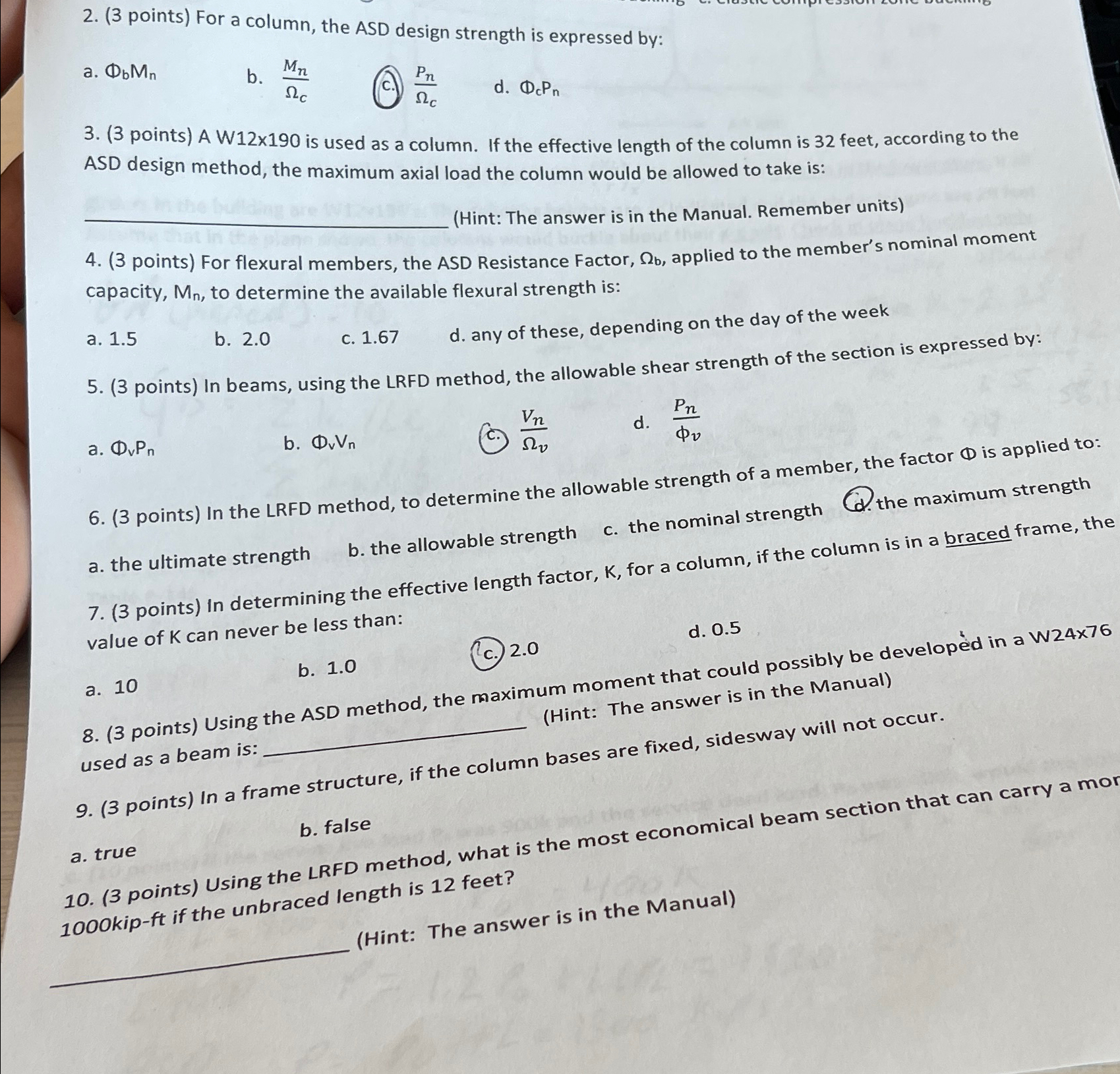 Solved (3 ﻿points) ﻿For a column, the ASD design strength is | Chegg.com