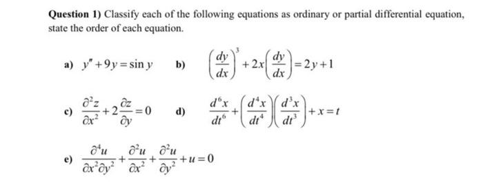 Solved Question 1) Classify each of the following equations | Chegg.com