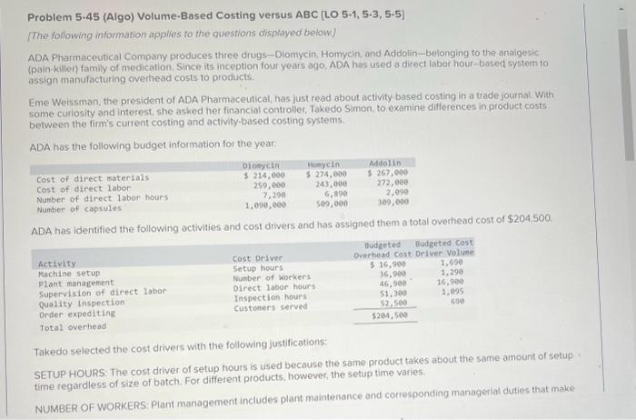 Solved Problem 5-45 (Algo) Volume-Based Costing versus ABC | Chegg.com