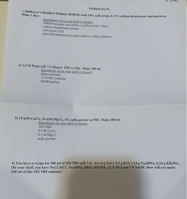 Solved Problem Set 11 1) Dulbecco's Modified Medium (DMEM) | Chegg.com