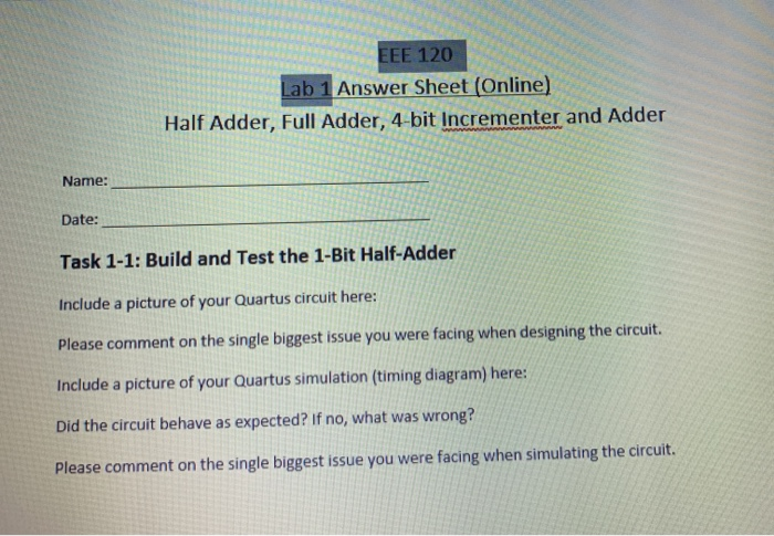 EEE 120 Lab 1 Answer Sheet (Online) Half Adder, Full | Chegg.com