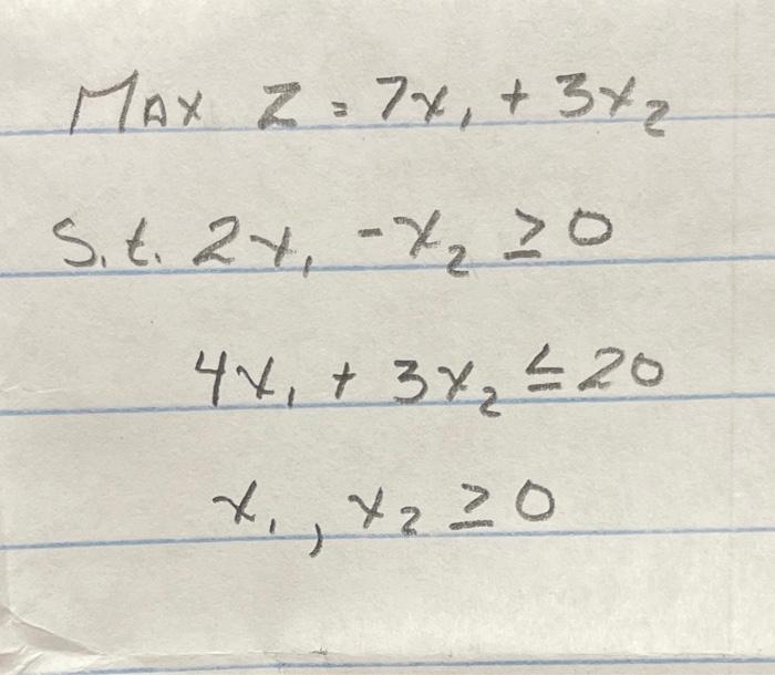 Solved Maxz=7x1+3x2 s.t. 2x1−x2≥04x1+3x2≤20x1,x2≥0 | Chegg.com