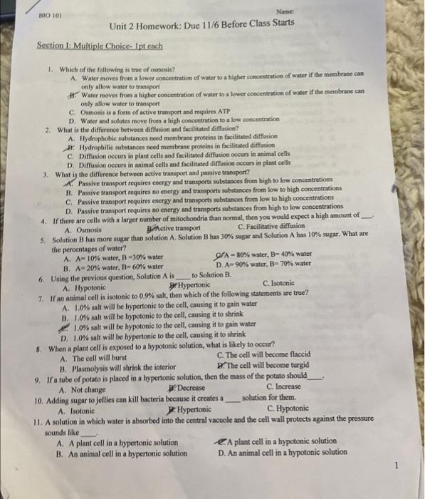 Solved BIO 101 Name: Unit 2 Homework: Due 11/6 Before Class | Chegg.com