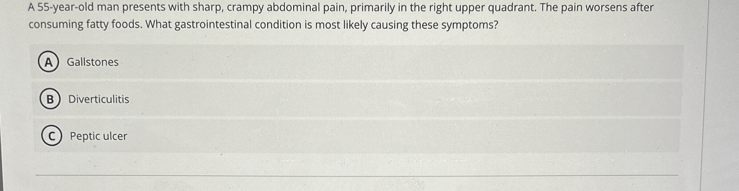 Solved A 55-year-old man presents with sharp, crampy | Chegg.com