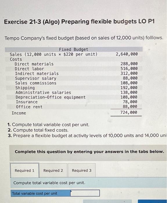 Solved Exercise 21-3 (Algo) Preparing flexible budgets LO P1 | Chegg.com