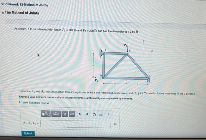 Solved As shown, a truss is loaded with forces P1=202lb and | Chegg.com