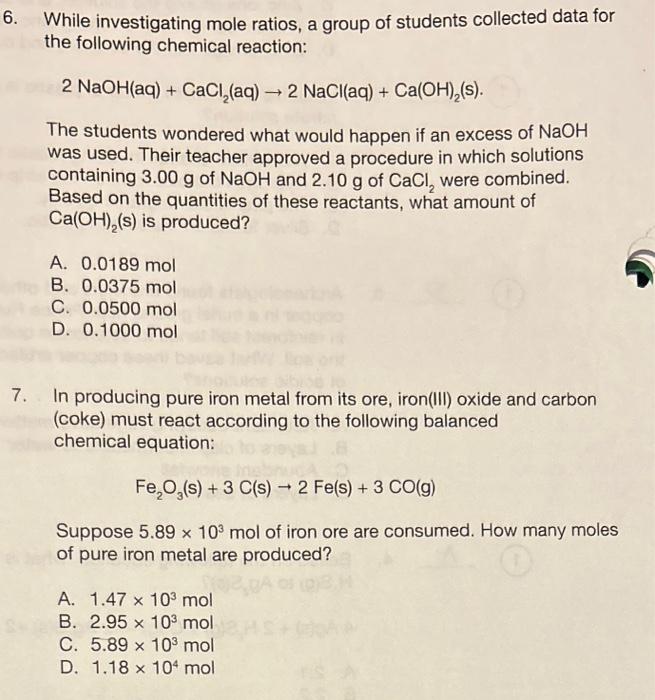 Solved While investigating mole ratios, a group of students | Chegg.com