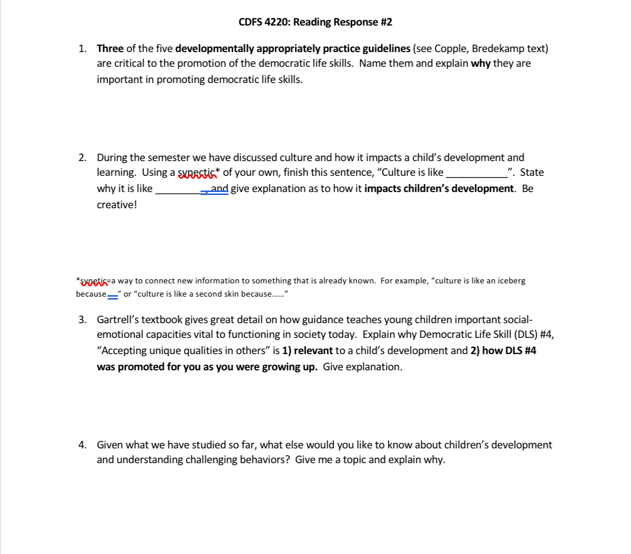 Solved • ﻿CDFS 4220: Reading Response #2Three of the five | Chegg.com