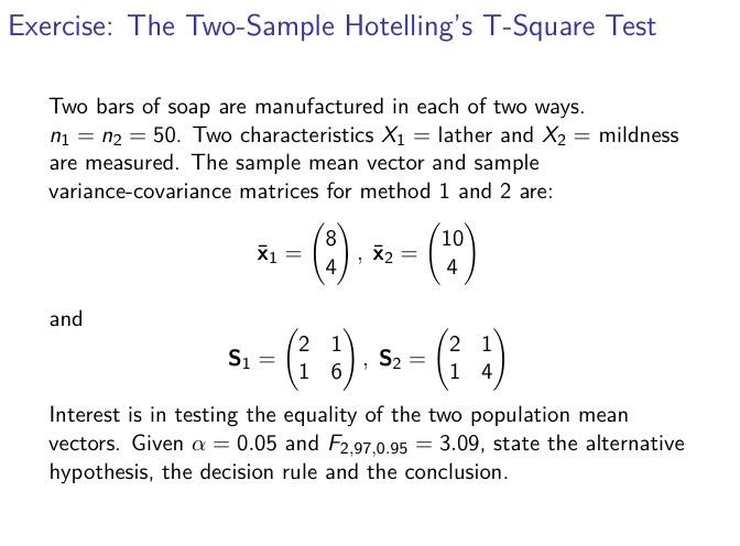 Exercise: The Two-Sample Hotelling's T-Square Test | Chegg.com