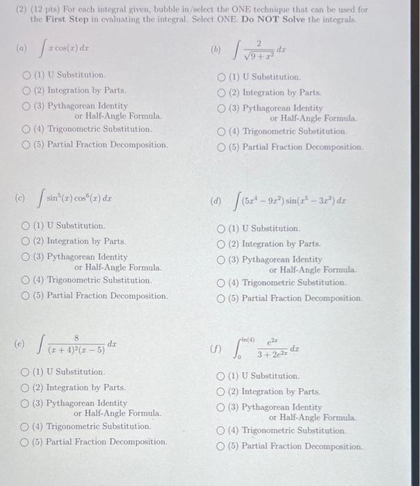 Solved (2) (12 pts) For each integral given, bubble | Chegg.com