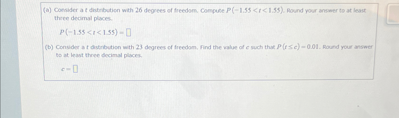 Solved (a) ﻿Consider a t ﻿distribution with 26 ﻿degrees of | Chegg.com