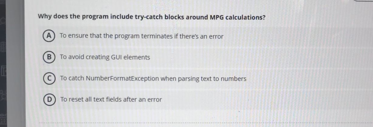 Solved Why does the program include try-catch blocks around | Chegg.com