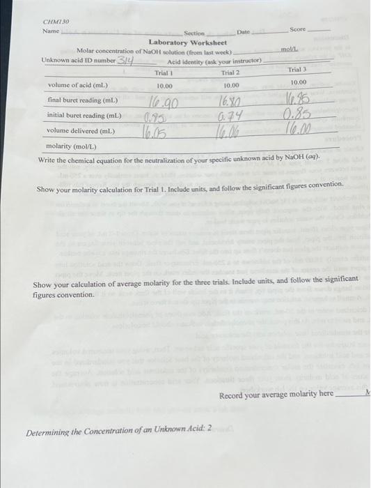 Solved CHM130 Name Laboratory Worksheet quian Molar | Chegg.com