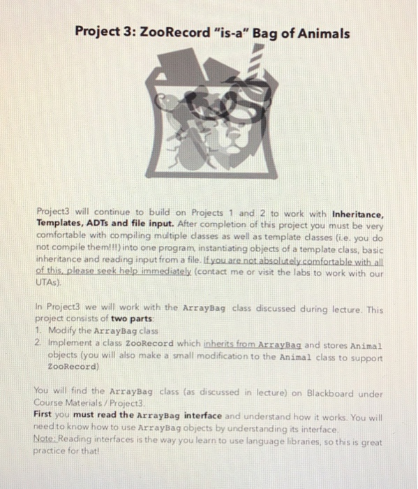 Project 3: ZooRecord "is-a" Bag of Animals Project3 | Chegg.com