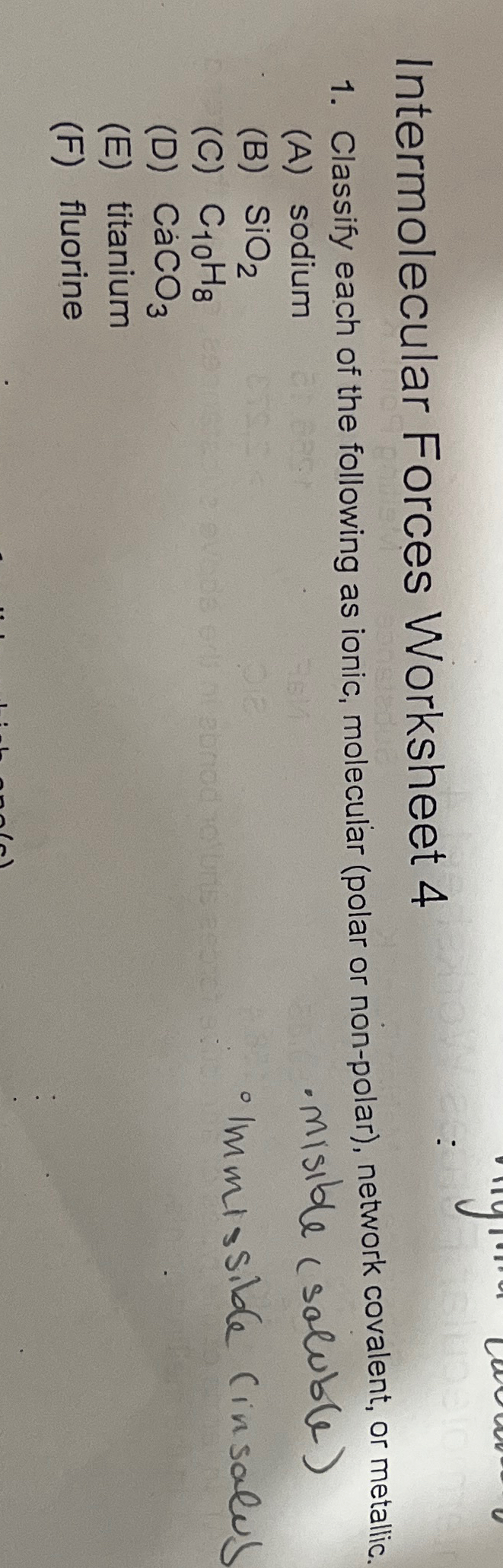 Solved Intermolecular Forces Worksheet 4Classify each of the | Chegg.com