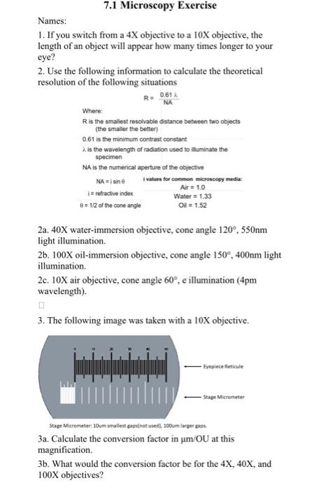 Solved Names: 1. If you switch from a 4X objective to a 10X | Chegg.com