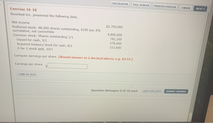 Solved CALCULATOR FULL SCREEN PRINTER VERSION BACK NEXT | Chegg.com