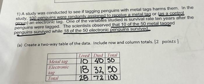 Solved 1) A study was conducted to see if tagging penguins | Chegg.com